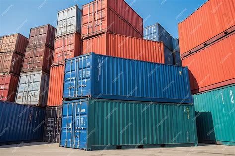 Cargo Container For Overseas Shipping On High Stack Look Up From Ground