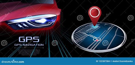 Gps Navigator Vector Against The Background Of The Red Realistic Car Stock Vector