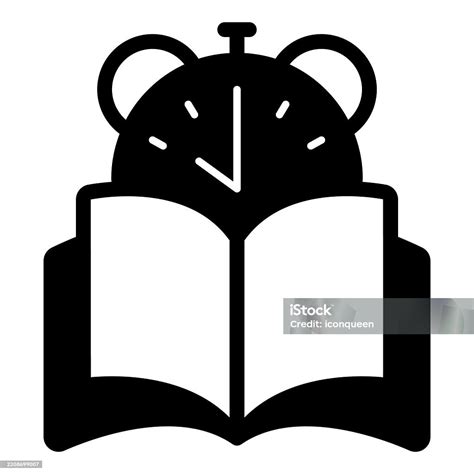 알람 시계 솔리드 아이콘 책 리더 휴가 개념이있는 책 벡터 그래픽입니다 흰색 배경에 열린 교과서와 스톱워치 표시 스타일 모바일 또는 디자인 0명에 대한 스톡 벡터 아트 및