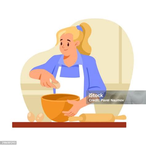 여자 성격 굽기 그릇에 반죽 만들기 와 계란 벡터 일러스트 레이 션 가정 주방에 대한 스톡 벡터 아트 및 기타 이미지 가정 주방 가정의 방 개념 Istock