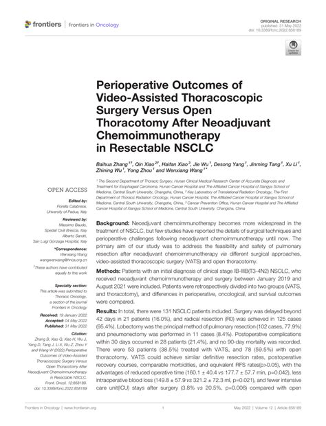 Pdf Perioperative Outcomes Of Video Assisted Thoracoscopic Surgery Versus Open Thoracotomy