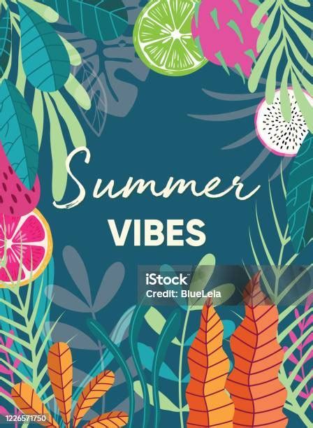 어두운 녹색 배경에 여름 분위기 타이포그래피 슬로건과 열대 과일이있는 열대 식물 포스터 디자인 이국적인 식물의 컬렉션입니다 다채로운 플랫 벡터 일러스트레이션 0명에 대한