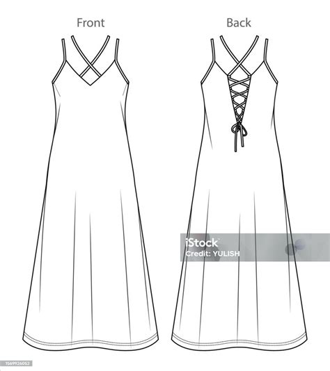 벡터 맥시 드레스 어깨 끈 기술 도면 여성 V 넥 슬립 드레스와 오픈 백 패션 Cad 스케치 템플릿 플랫 저지 또는 짠 직물