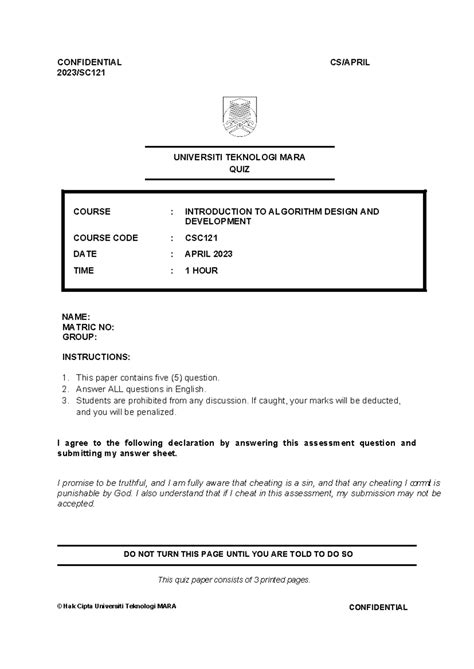 Csc121 Quiz 1 20232 Quiz Confidential Csapril 2023sc Universiti Teknologi Mara Quiz Course