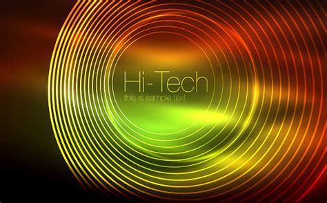 원형 빛나는 네온 도형 테크노 배경 어두운 기술 공간에 추상 반짝 투명 원 곡선에 대한 스톡 벡터 아트 및 기타 이미지 곡선