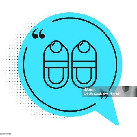 흰색 배경에 격리 된 검은 줄 슬리퍼 아이콘 플립 플롭 기호 파란색 음성 버블 기호입니다 벡터 검은색에 대한 스톡 벡터 아트 및