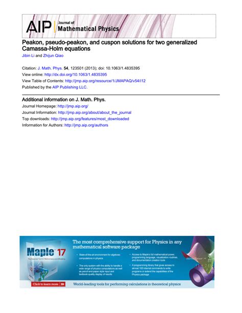 Pdf Peakon Pseudo Peakon And Cuspon Solutions For Two Generalized Camassa Holm Equations