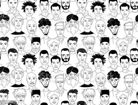 맨즈 헤드 원활한 패턴 배경 그런 지 라인 그리기 낙서 포스터 다민족 그룹에 대한 스톡 벡터 아트 및 기타 이미지 다민족 그룹 드로잉 공동체 Istock