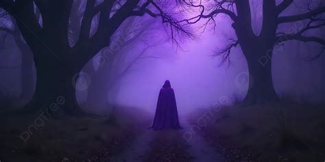 Mysterious Figure In Purple Forest Background Black And White Drawing