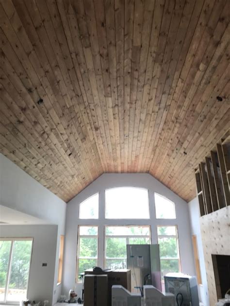 Cottage Vaulted Pine Ceiling In Early American Stain Tongue And