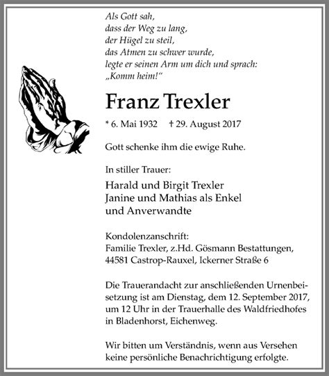 Traueranzeigen Von Franz Trexler Trauer In Nrwde