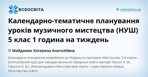 Календарно тематичне планування уроків музичного мистецтва НУШ 5 клас 1 година на тиждень
