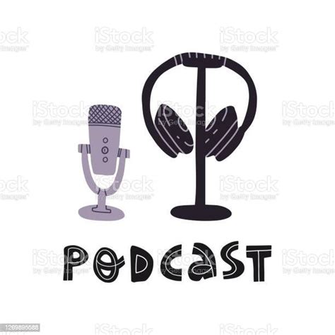 팟 캐스트 레터링 마이크와 헤드셋 같은 전문 블로거 장비 스탠드에 손으로 그린 벡터 격리 된 그림입니다 가수에 대한 스톡 벡터