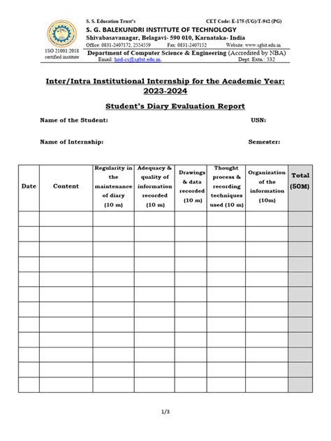 6th Sem Student Diary Evulation Report 2024 Pdf Engineering Computing
