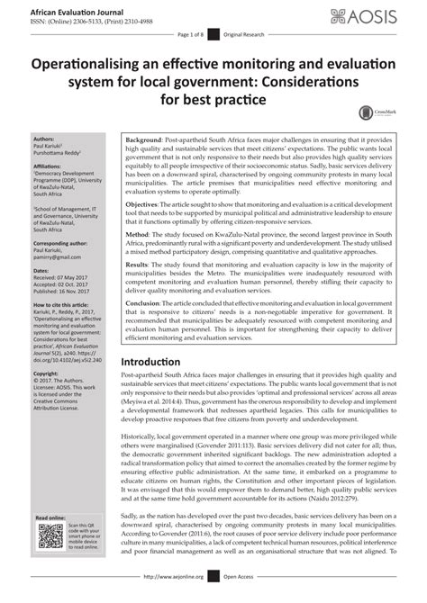 Pdf Operationalising An Effective Monitoring And Evaluation System For Local Government