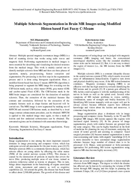 Pdf Multiple Sclerosis Segmentation In Brain Mr Images Using Modified Histon Based Fast Fuzzy