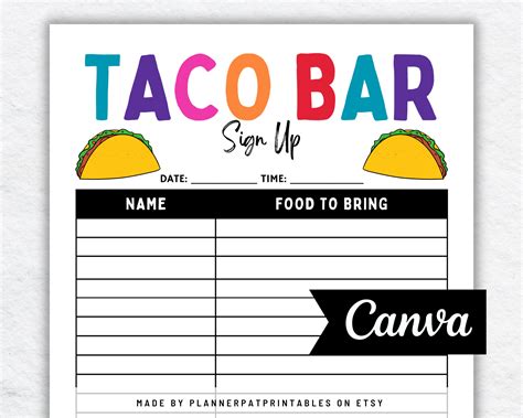 Taco Bar Sign Up Sheet Printable For Mexican Fiesta Potluck Party