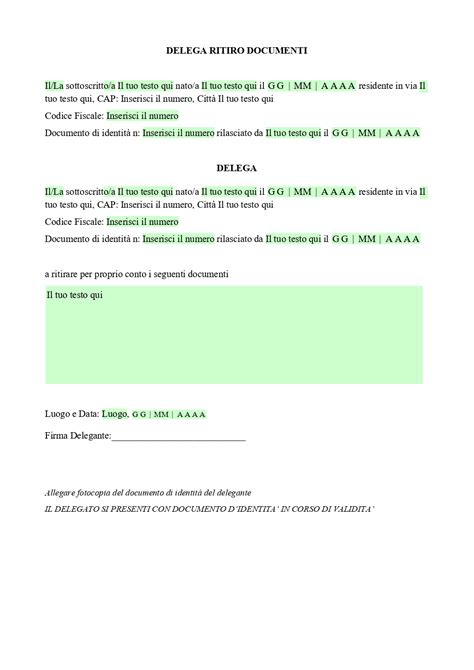 Esempio Delega Ritiro