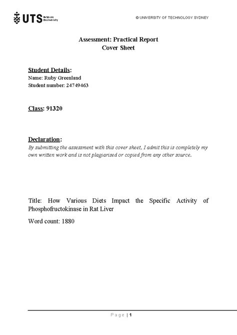 Metabolic Biochemistry Practical Report Biochemistry © University Of Technology Sydney