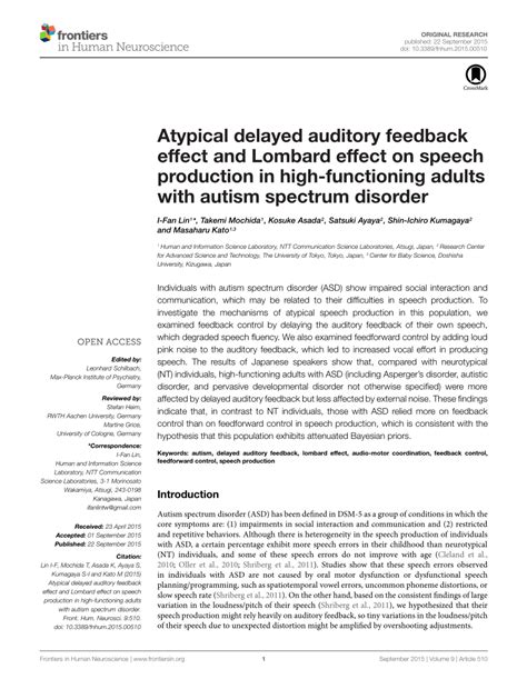Pdf Atypical Delayed Auditory Feedback Effect And Lombard Effect On Speech Production In High