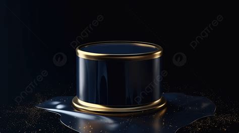 3d 블랙 골드 도금 금속 컨테이너 그림 금 액체 모양으로 3d 렌더링 진한 파란색 빈 실린더 연단 고화질 사진 사진 배경