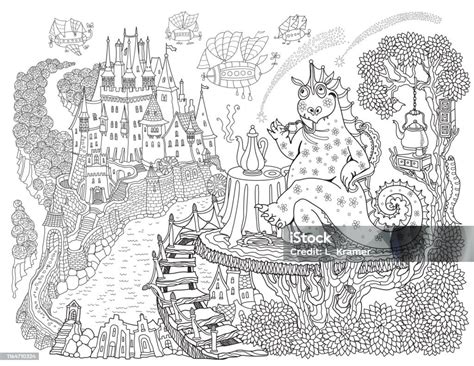 중세 성 근처의 나무 테라스에서 테이블에서 커피를 마시는 동화 드래곤 선형 흑백 낙서 스케치입니다 티셔츠 프린트 어른 색칠 하기 책 페이지 포스터 책 표지 벡터에 대한 스톡