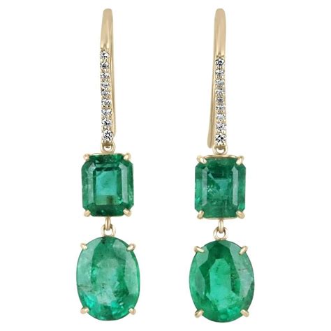 9 49tcw 18k Fine Quality Emerald Cut And Oval Emerald And Diamond Dangle Earrings For Sale At