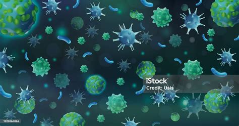 추상 바이러스 감염 폐렴 독감 세포 환경에서 박테리아 미생물 균류 살아있는 유기체에 현미경보기 바이러스 유행 성 3d 그림 접사 촬영에 대한 스톡 벡터 아트 및 기타 이미지
