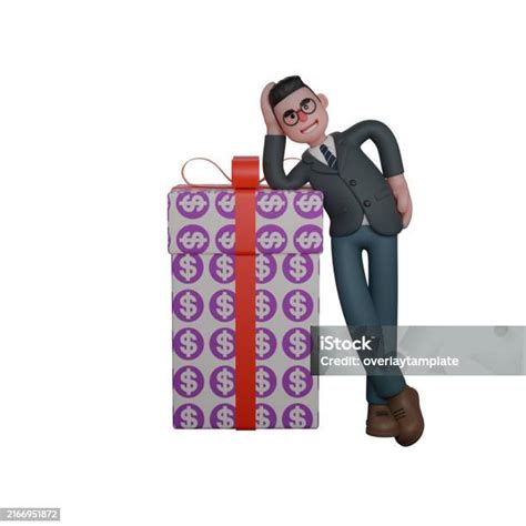 3d 남성 교육 캐릭터 정장을 차려입은 남자가 빨간 리본으로 감싼 커다란 선물 상자에 기대어 있었다 교사 프로페셔널 3차원 형태에 대한 스톡 사진 및 기타 이미지 Istock