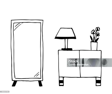 간단한 손으로 그린 검은색 윤곽선 벡터 그림입니다 인테리어 용품 가구 바닥 거울 서랍장 야간 조명 꽃병 전등갓 침실 드레싱 잉크 스케치 0명에 대한 스톡 벡터 아트 및 기타
