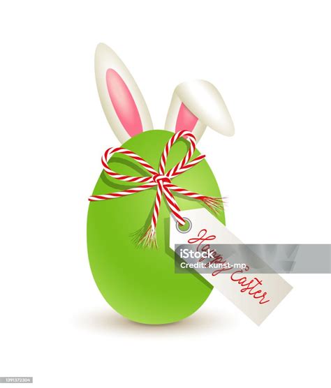 토끼 귀가있는 녹색 부활절 달걀 코드 끈 활 및 영어로 된 부활절 인사말 흰색 배경에 고립된 벡터 일러스트 레이 션 간판에 대한 스톡 벡터 아트 및 기타 이미지 Istock
