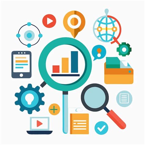 Magnifying Glass Over A Bar Graph Surrounded By Various Business And Technology Icons