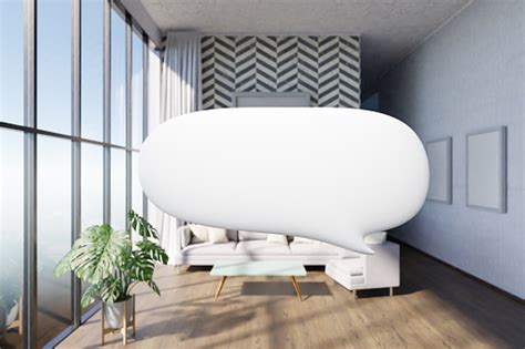 창문이 있는 호화로운 로프트 아파트에서 공중에 떠 있는 텍스트가 있는 검색 상자 미니멀 한 인테리어 거실 디자인 3d 일러스트레이션 0명에 대한 스톡 사진 및 기타 이미지