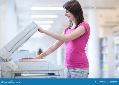 Pretty Young Woman Using A Copy Machine Stock Image Image Of Long