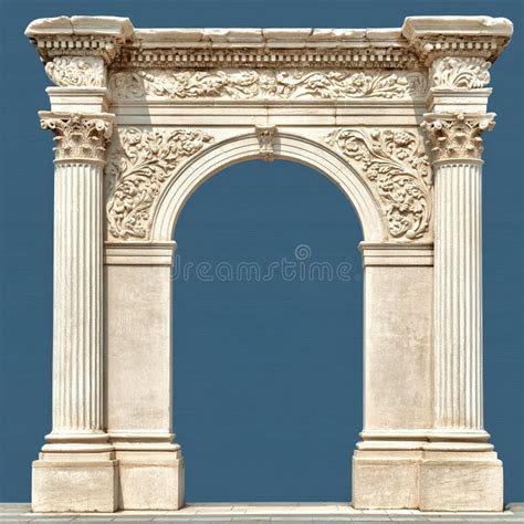 Ornate Stone Archway With Columns And Carvings Against Blue Backdrop Stock Illustration