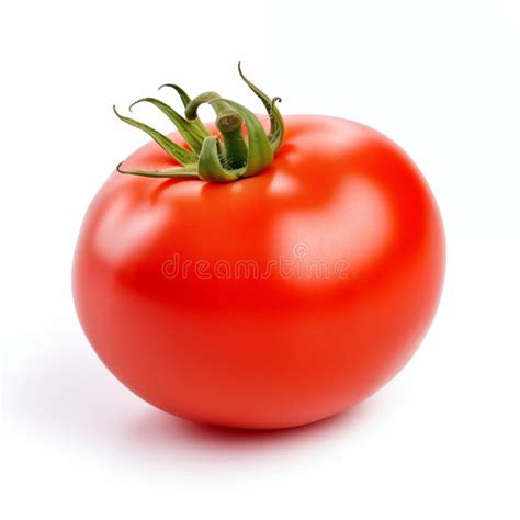 Single Ripe Tomato With Green Stem Isolated On White Background Stock