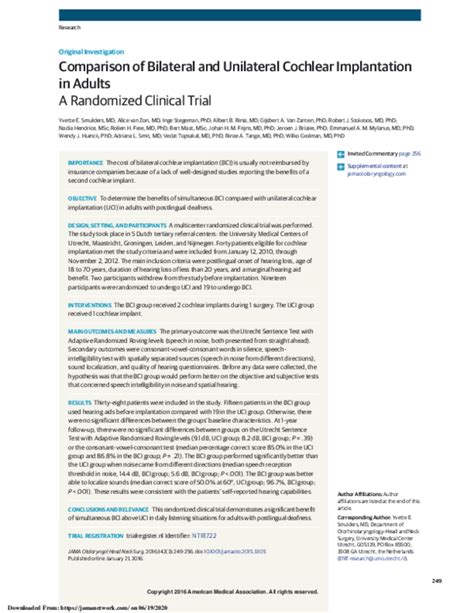 Pdf Comparison Of Bilateral And Unilateral Cochlear Implantation In Adults Wendy Huinck