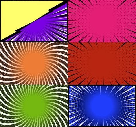 광선 방사형 하프톤 및 점선 효과 팝 아트 스타일이 포함된 만화책 다채로운 프레임 배경 무료 벡터