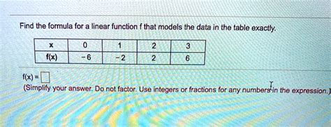 Solved Find The Formula For A Linear Function F That Models The Data In The Table Exactly Fx