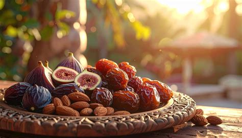 Figs Dates And Almonds On Ornate Plate Bathed In Golden Sunlight