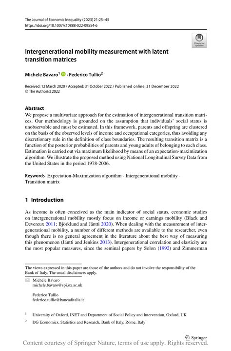 Pdf Intergenerational Mobility Measurement With Latent Transition