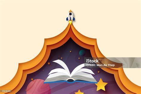 오픈 책의 종이 예술과 우주 착륙 페이지 템플릿 배경에 탐구 책에 대한 스톡 벡터 아트 및 기타 이미지 책 로켓