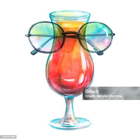 선글라스와 함께 유리에 칵테일이나 주스 수채화 그림 비치 바의 큰 세트의 구성 스티커 인쇄물 포스터 엽서 메뉴 바의 디자인과