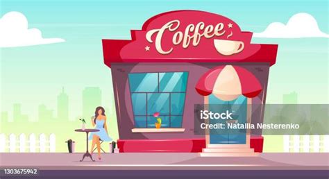 보도 플랫 컬러 벡터 일러스트에 커피 숍 카페 밖에서 브런치를 하는 사람 레스토랑 외관 벽돌 건물의 상점 앞 배경에 여자와 현대