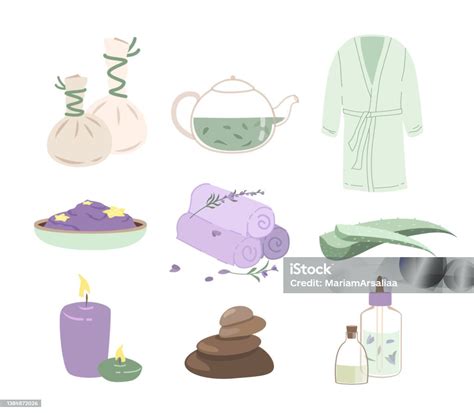 유기농 미용 제품 허브 파우치 차 알로에 목욕 가운 천연 오일 에센스 허브 로션 양초 스파 웰니스 살롱을위한 꽃유리 병 컬러 플랫 벡터 일러스트레이션 격리 구도에 대한 스톡