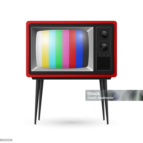 벡터 3d 현실적인 빨간색 복고풍 줄무늬 스크린 Tv 수신기는 흰색 배경에 격리되어 있습니다 홈 인테리어 디자인 개념입니다 빈티지 Tv 세트 텔레비전 전면 모습 1970