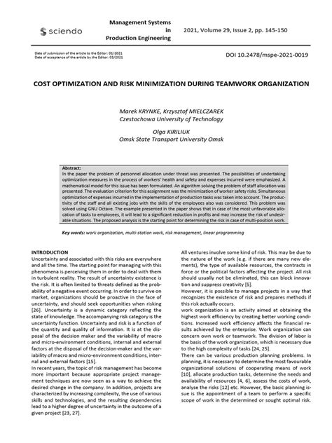 paper cost optimization and risk minimization during teamwork organization pdf linear