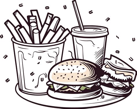 A Hand Drawn Illustration Of A Classic Burger Fries And Drink