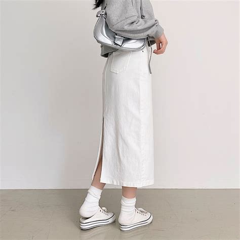 핏엔 빅사이즈 화이트 데님 롱 청 코튼 H라인 스커트 치마 흰치마 흰색 봄 면 하이웨스트 흰스커트 화이트데님스커트 흰색스커트 하얀치마
