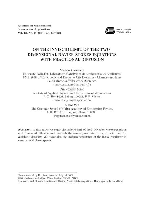 Pdf On The Inviscid Limit Of The Two Dimensional Navier Stokes Equations With Fractional Diffusion